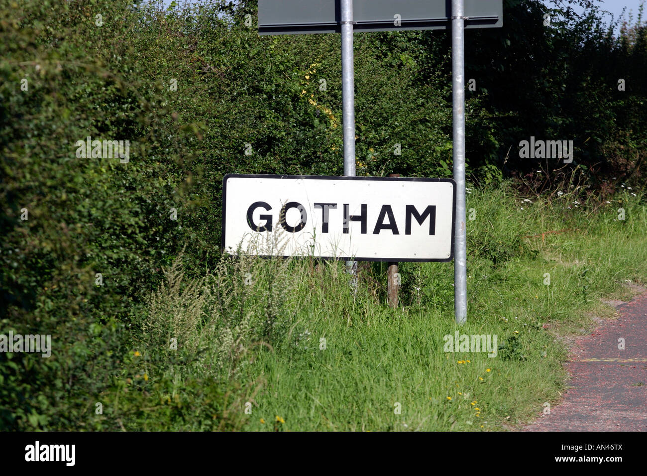 Sign post for the village of Gotham (pronounced Goat-ham by the locals ...