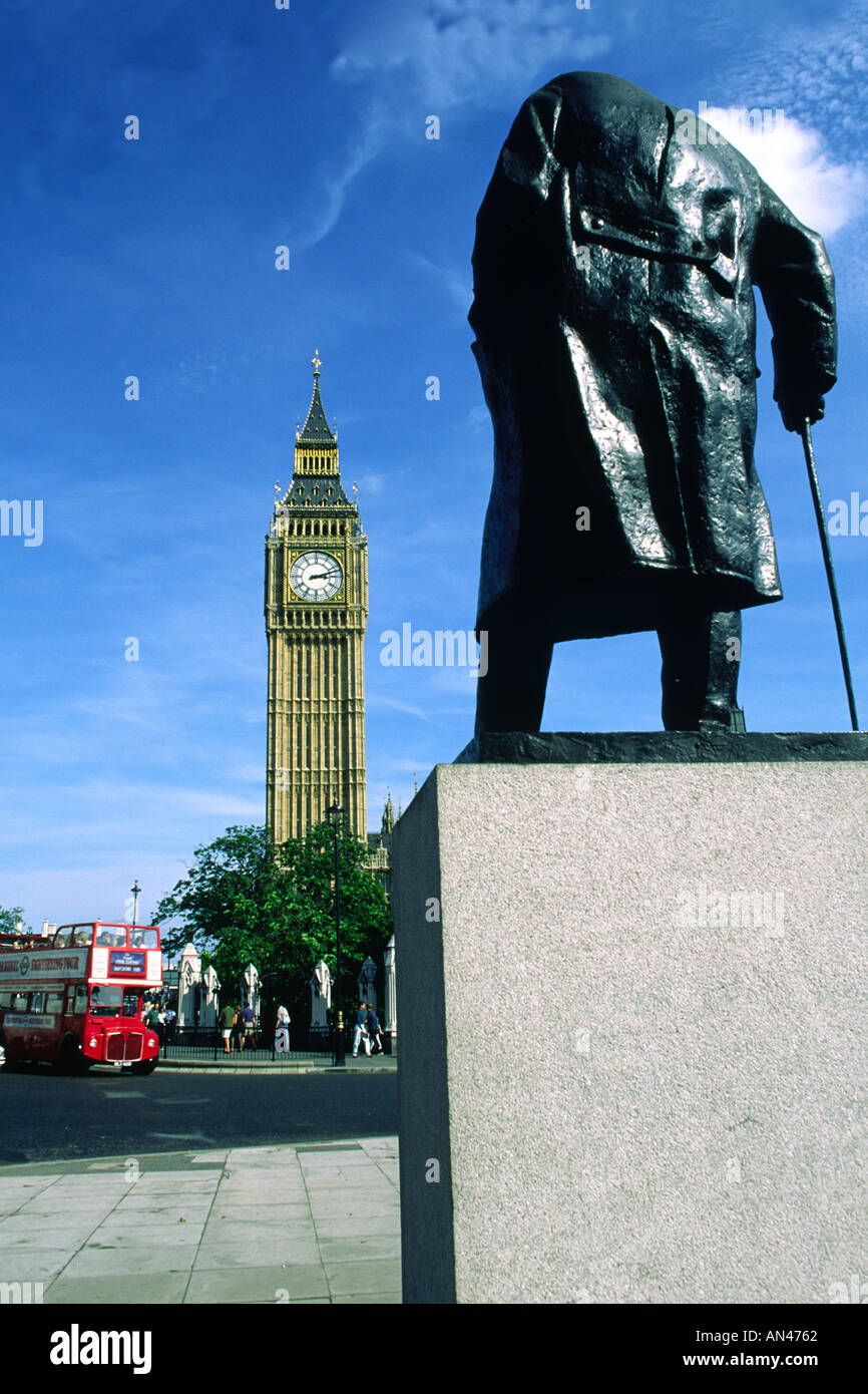 Winston Churchill statue Houses of Parliament Big Ben and Routemaster ...