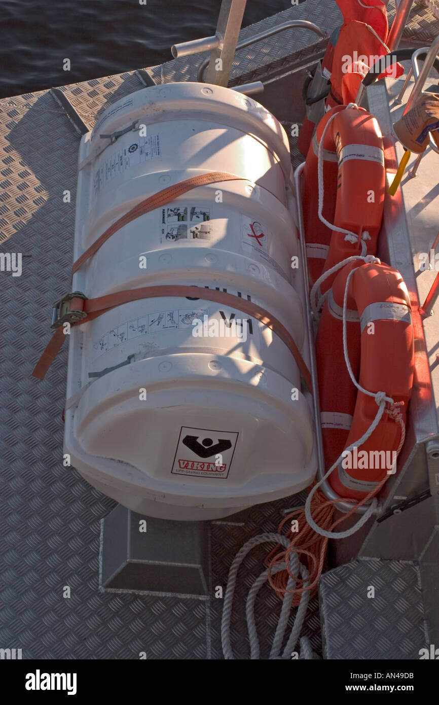Life raft container and lifebelts attached to boat stern , Finland ...