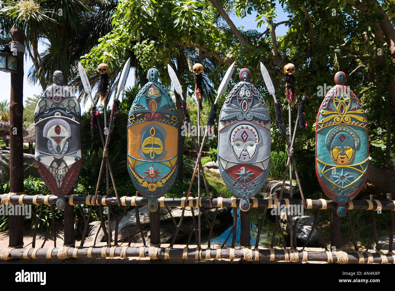 Native Shields on Bridge in Polynesian Area, Port Aventura Theme Park ...