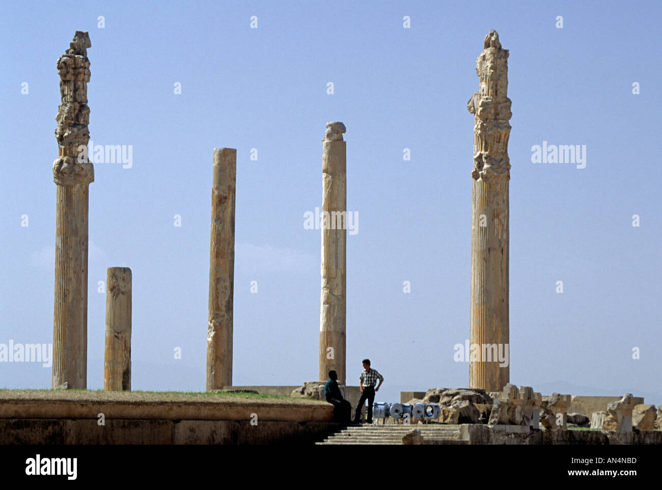 Male tourists dwarfed by column ruins of Apadana in ancient city of ...