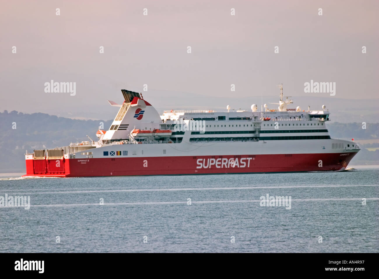 Superfast ferry cruising past Edinburgh Leith into Rosyth Fife Scotland ...