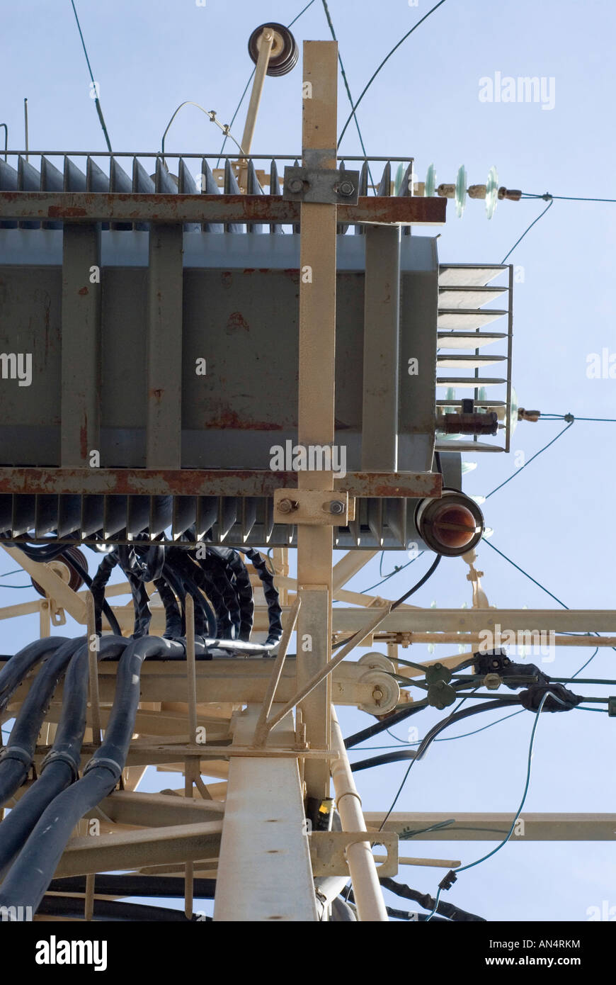 High voltage power lines and a transformer Stock Photo - Alamy