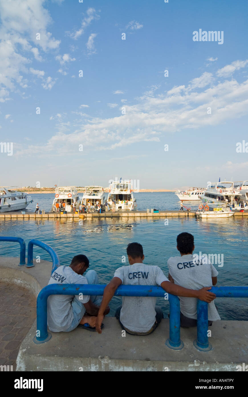 Egyptian youths watching dive boats return from day trip, Naama Bay ...