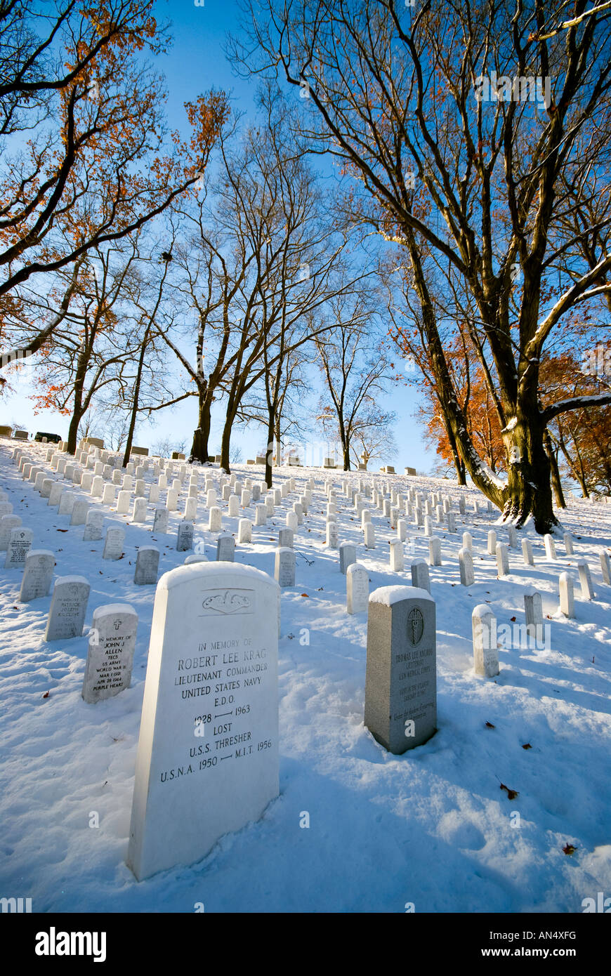 A snow covered Arlington National Cemetery. Vertical framing Stock ...