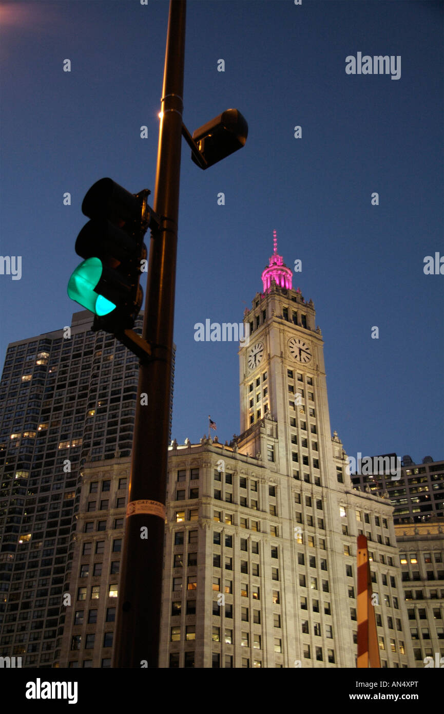 Wrigley Building and traffic light at dusk Stock Photo - Alamy