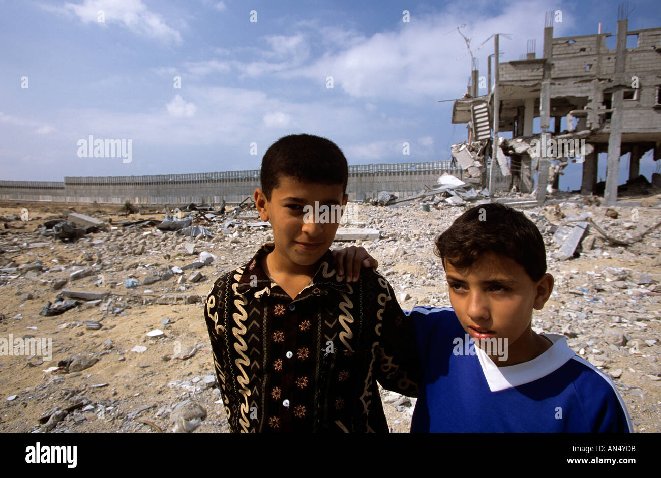 Two Palestinian boys at site of destruction, Gaza Strip, Palestine ...