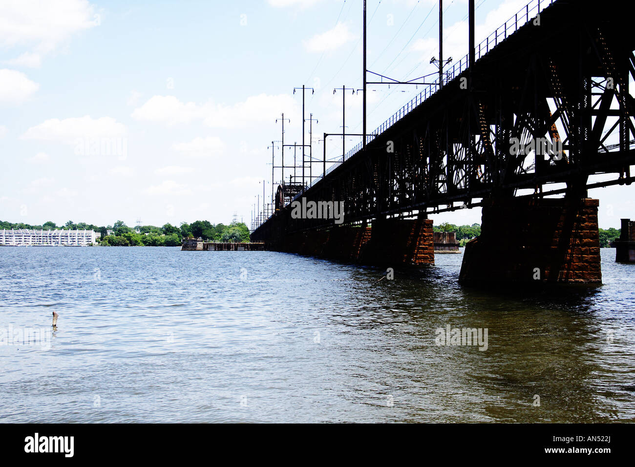 An underneath view of a set of train tracks that extend over the ...