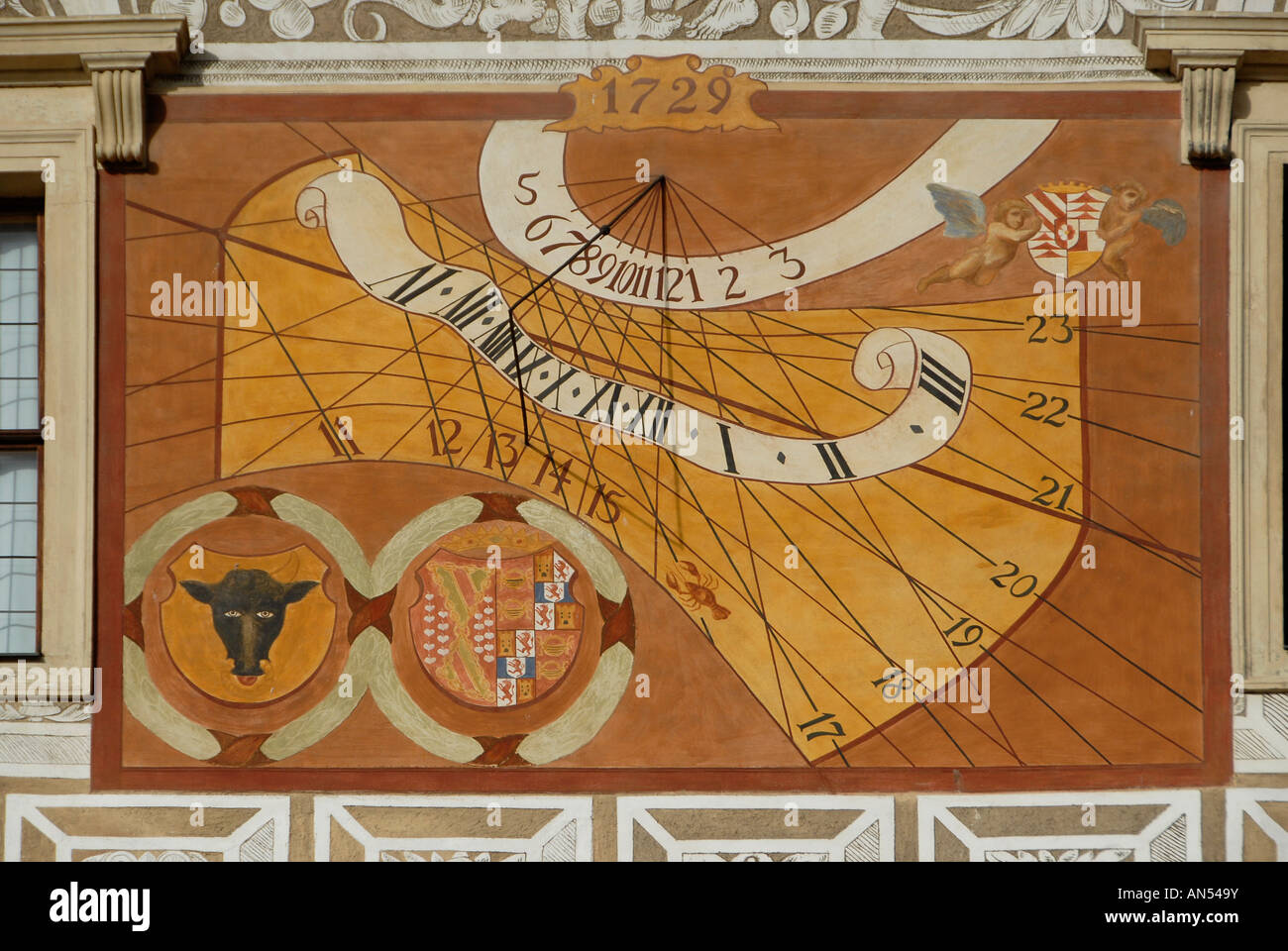 Mural sundial in the Renaissance Litomysl Chateau castle dating from ...