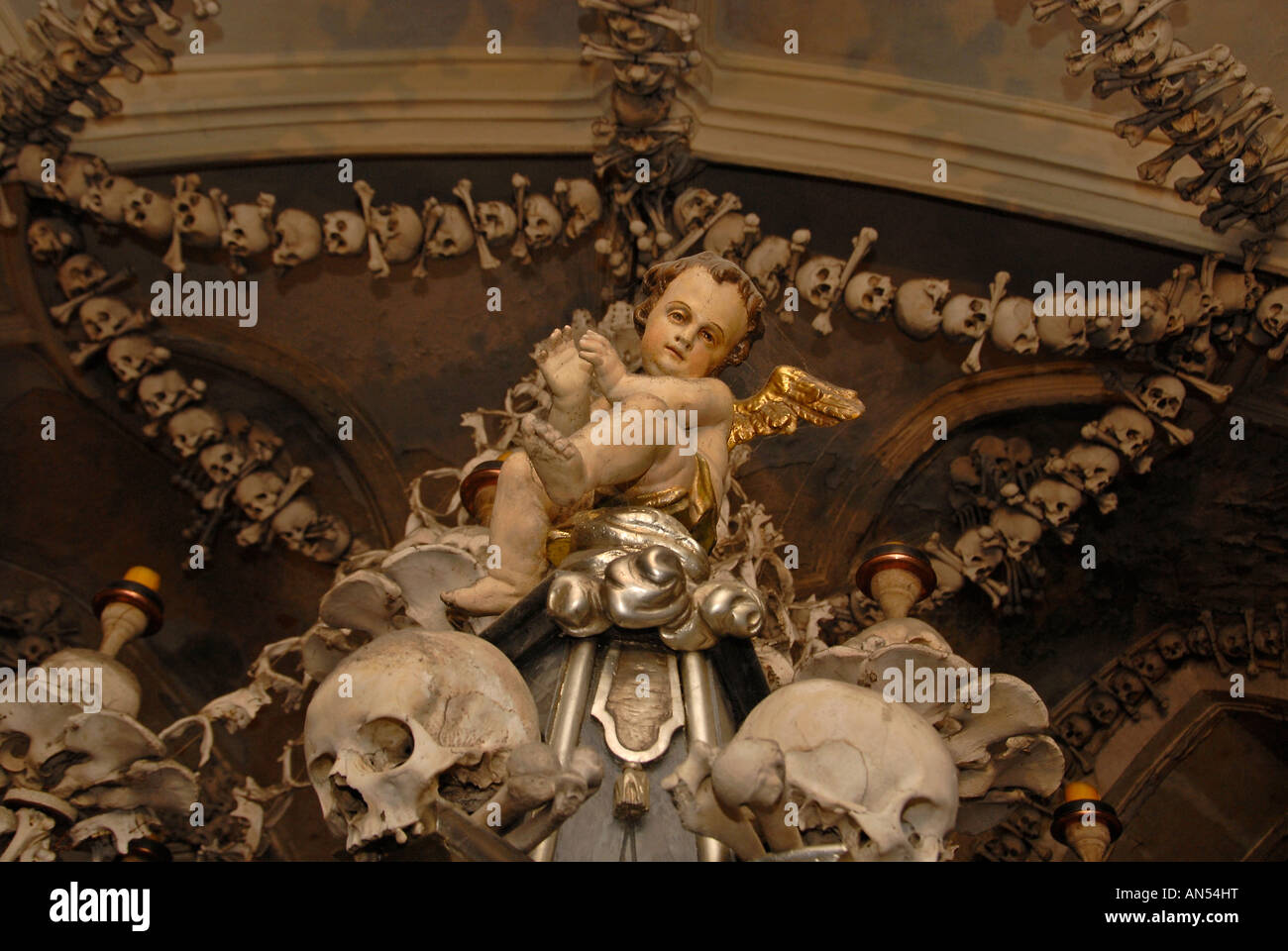 Chandelier made of Human Bones and skulls at the small Roman Catholic ...