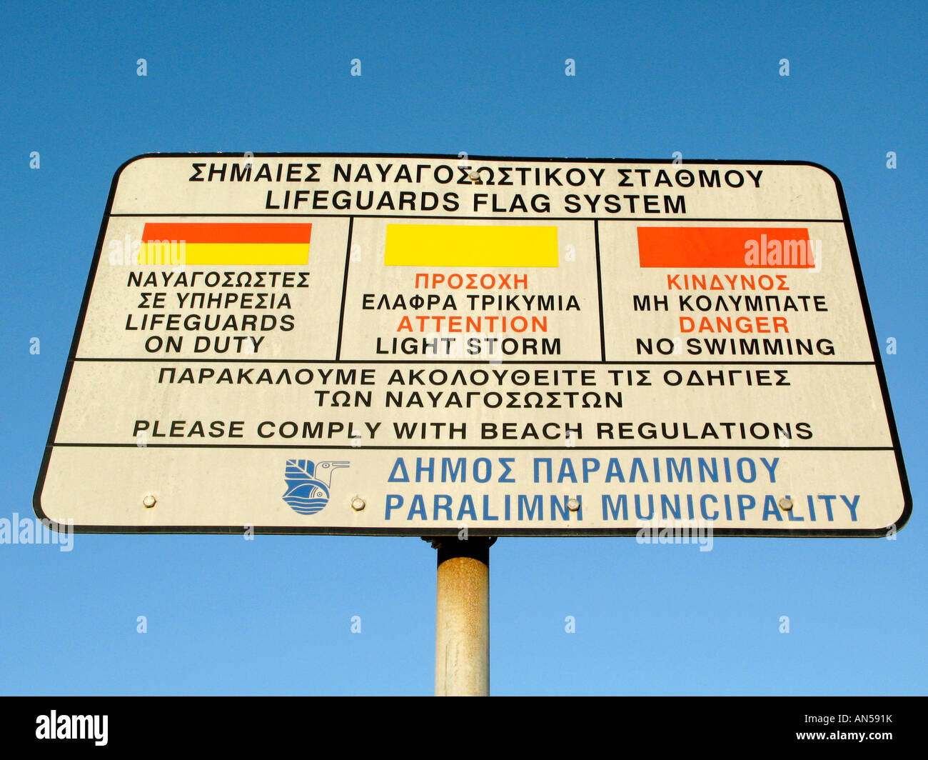 LIFEGUARD FLAG SYSTEM sign at Pernera beach on Mediterranean island of ...