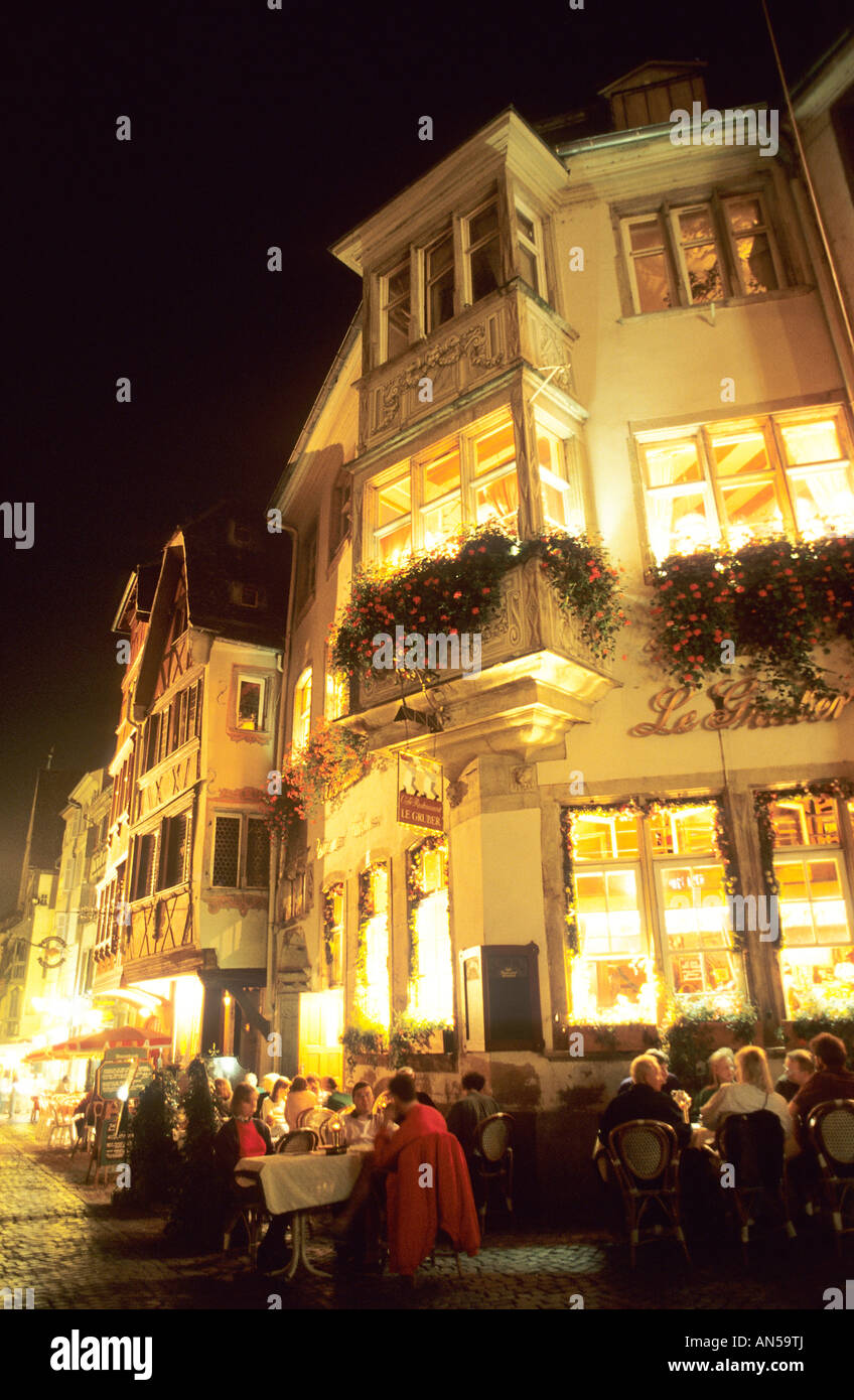 France Alsace Strasbourg sidewalk restaurant cafe night Stock Photo - Alamy