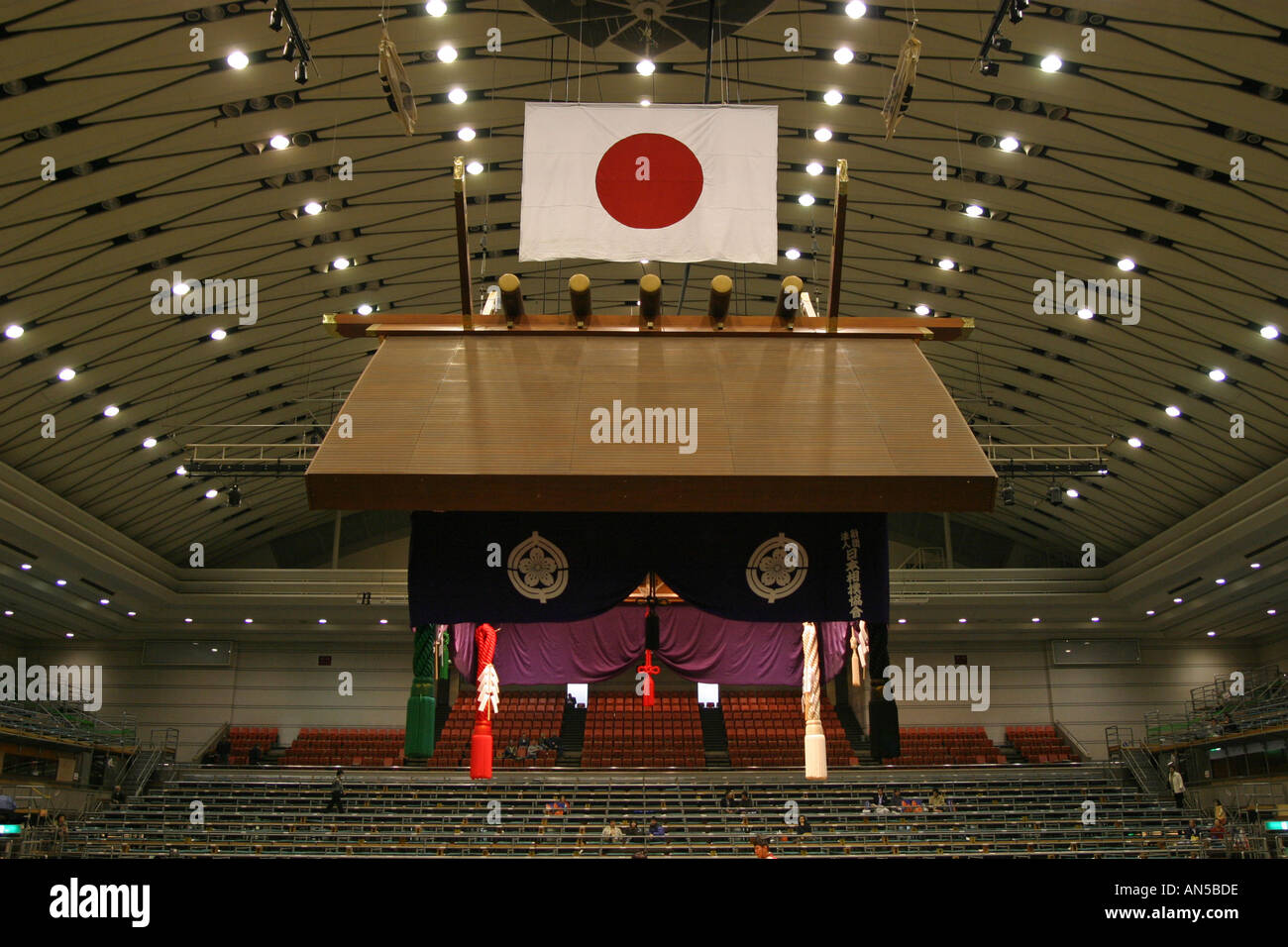 The hood above the ring and the stadium at the spring sumo tournament ...