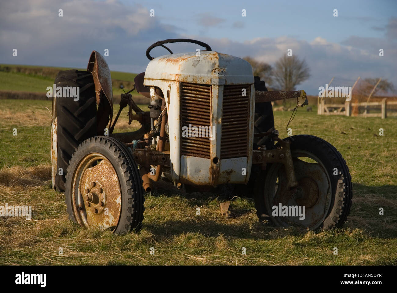 Old Ferguson tractor in a Somerset field with farm yard in the ...