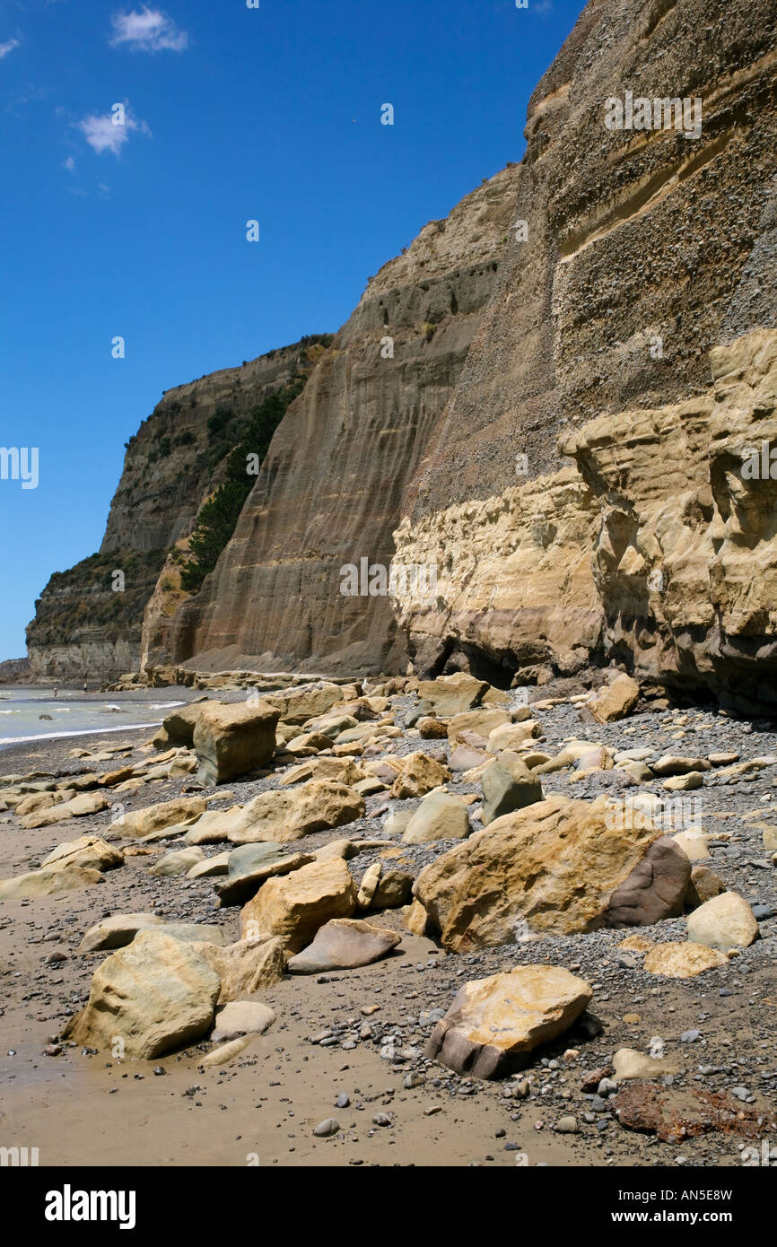 Eroded cliffs on the fault line near Cape Kidnappers, New Zealand Stock ...