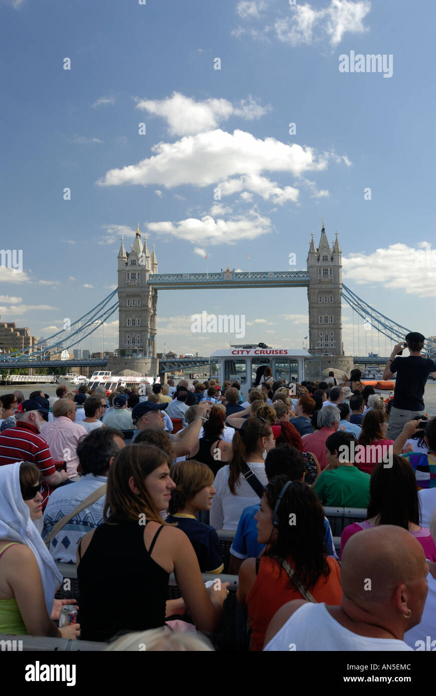 Tower Bridge London viewed from the top deck of a river cruiser looking ...