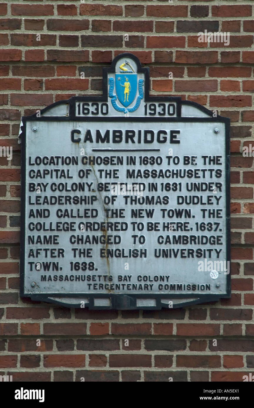 Historic sign explaining the origins of Cambridge Boston Massachusetts ...