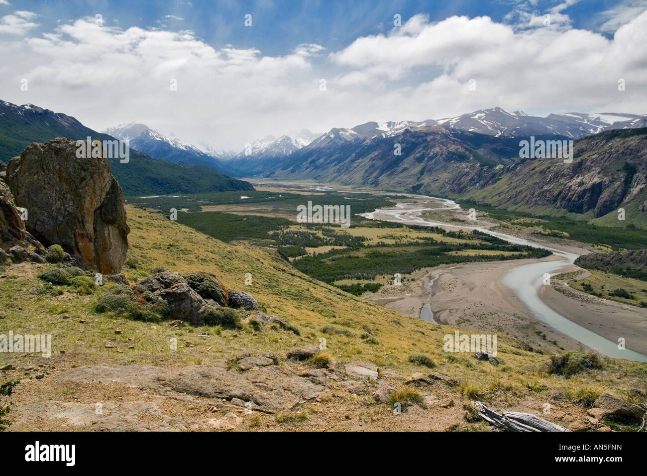 View from above of a valley with a river meandering along the valley ...