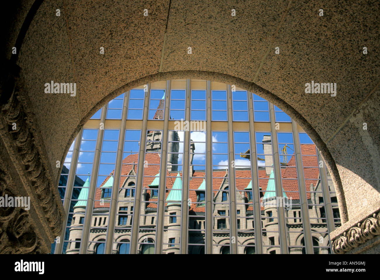 REFLECTION OF HISTORIC LANDMARK CENTER IN RICE PARK AREA OF DOWNTOWN ST ...