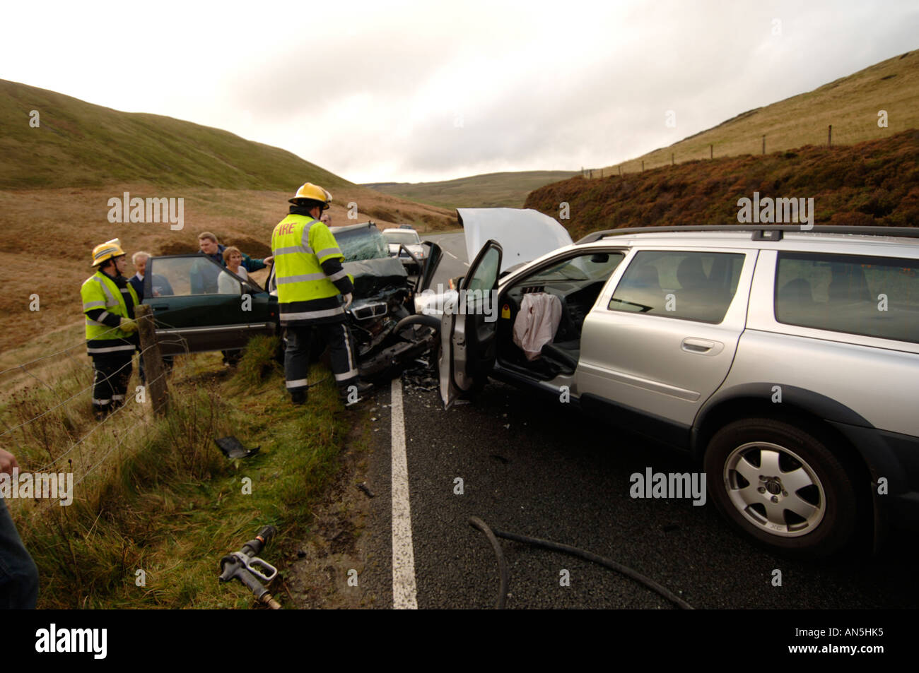 head on car crash A44 rural trunk road near Eisteddfa Gurig, Ceredigion ...