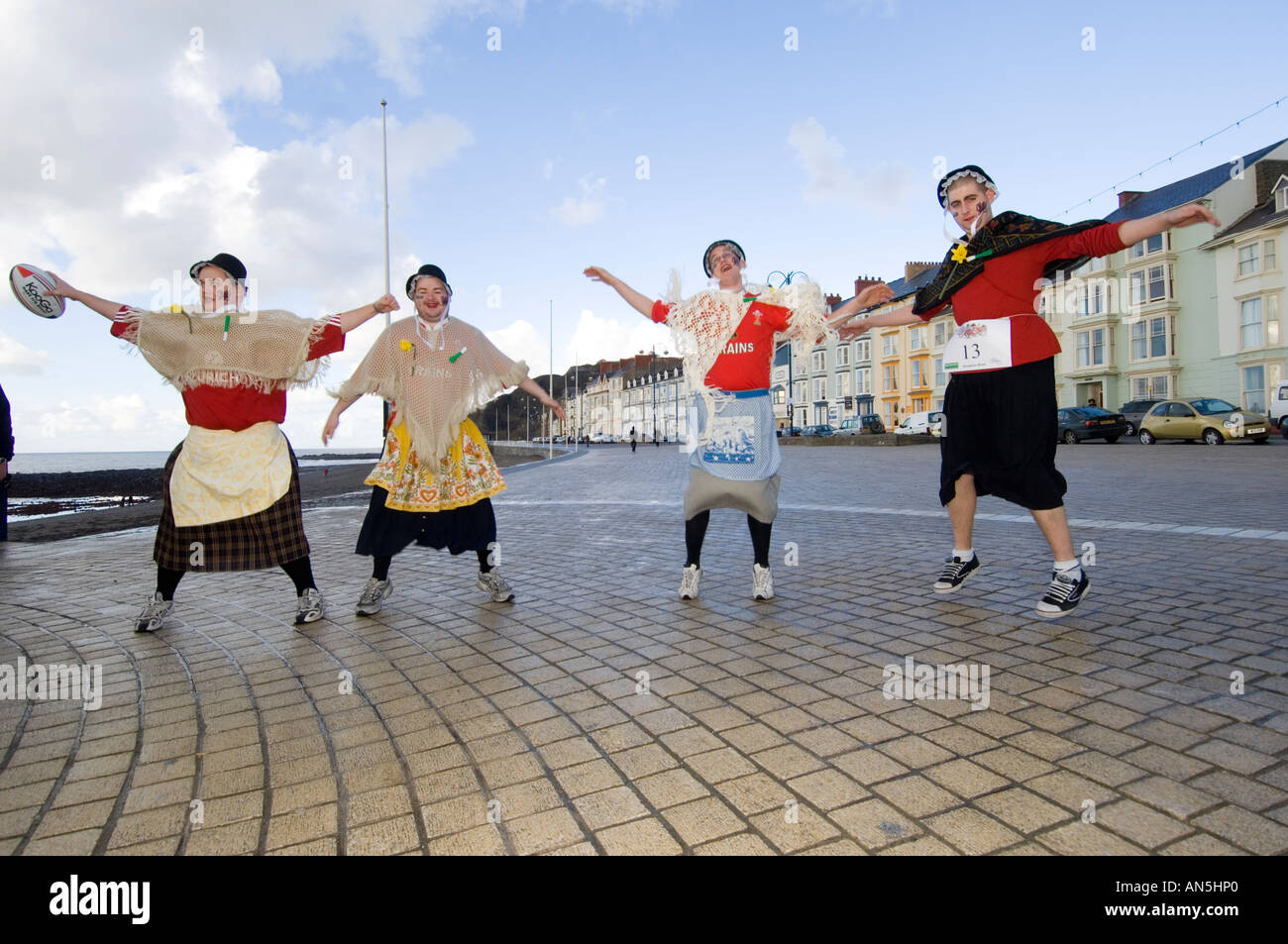 Aberystwyth promenade St David's Day men dressed in traditional welsh ...