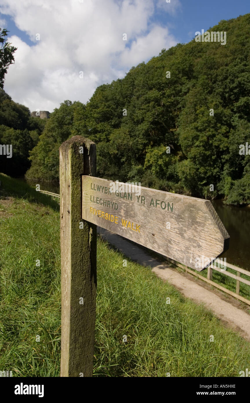 Wooden riverside footpath sign , river Teifi gorge, below Cilgerran ...