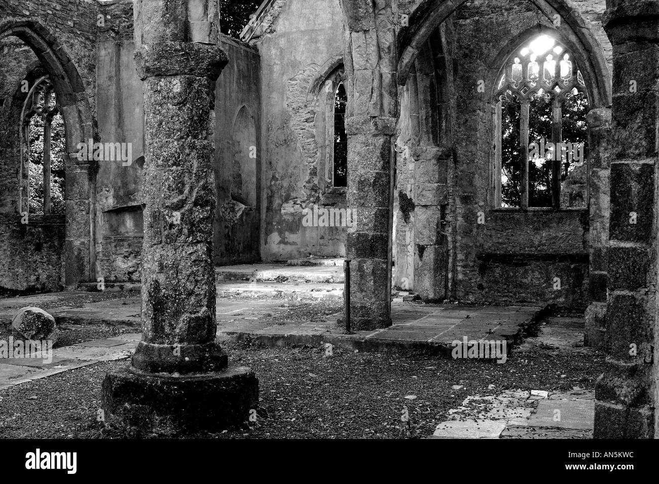 Monochrome interior of a burnt out church attacked by arsonists and ...