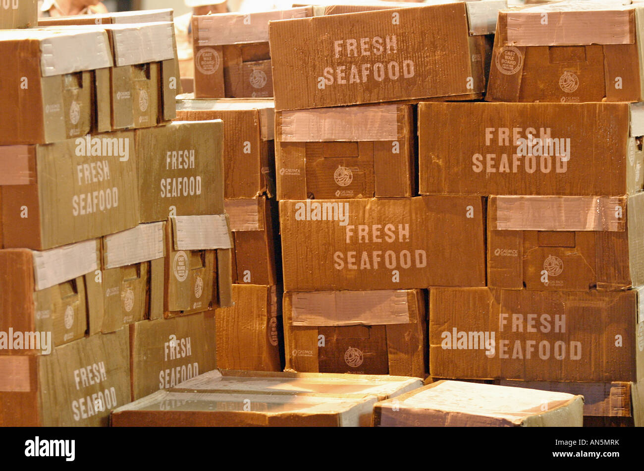 Boxes of fresh seafood and fish at the fulton fish market in new york ...