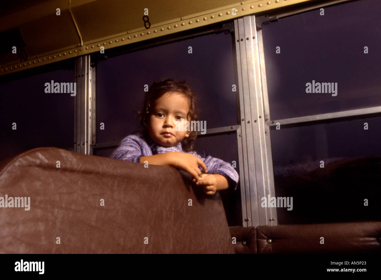 A small girl poses inside a school bus Stock Photo - Alamy