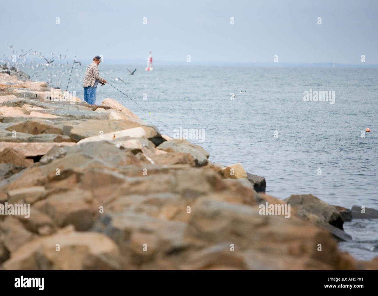Fishing from a jetty on Long Island, NY Stock Photo - Alamy