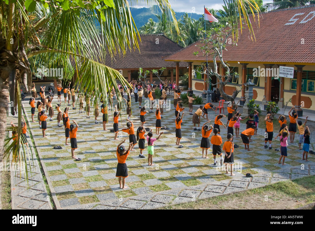School Children doing Morning Stretching Exercises Bali Indonesia Stock ...