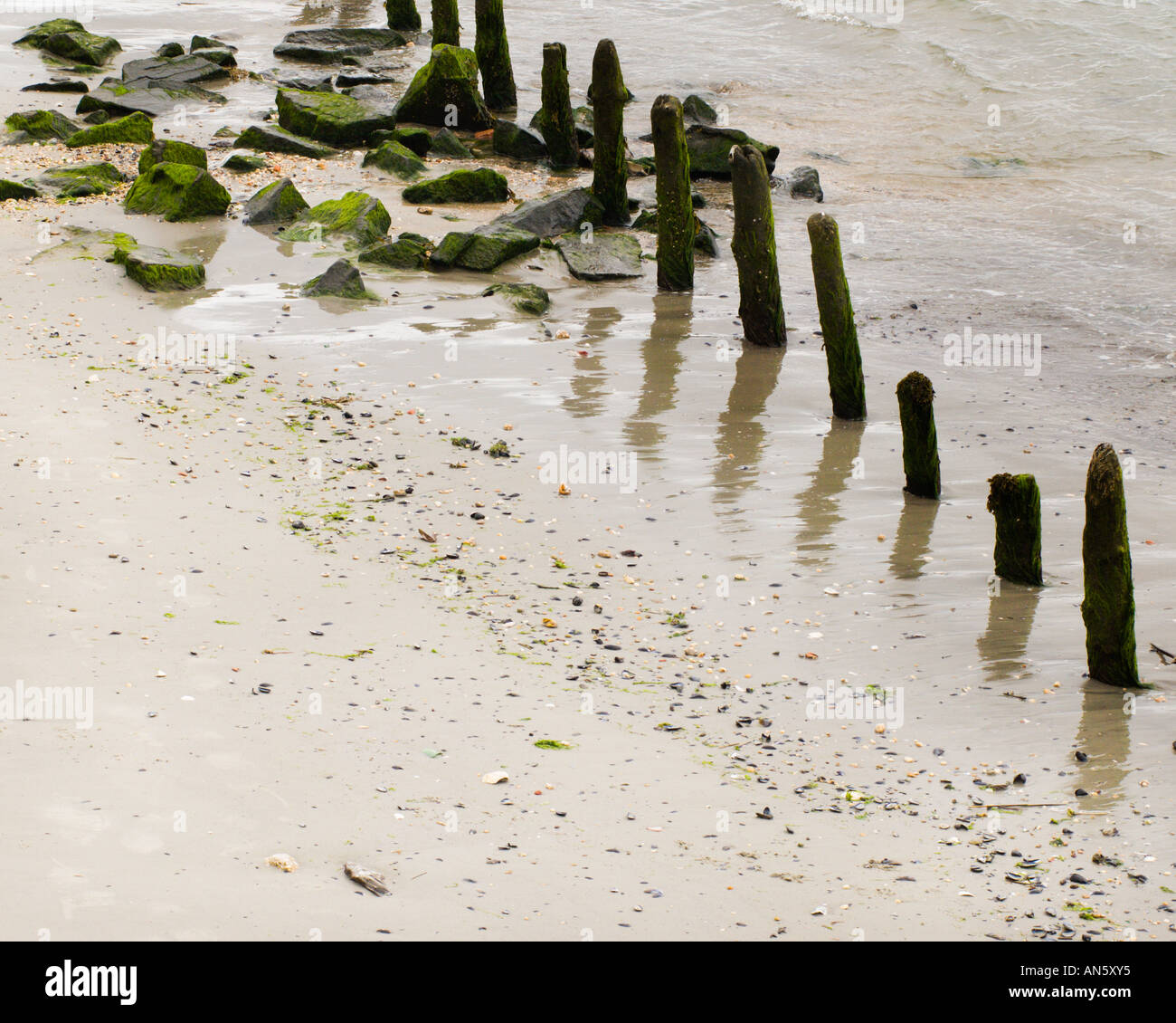 Worn Wooden Posts Reflected in Surf Stock Photo - Alamy
