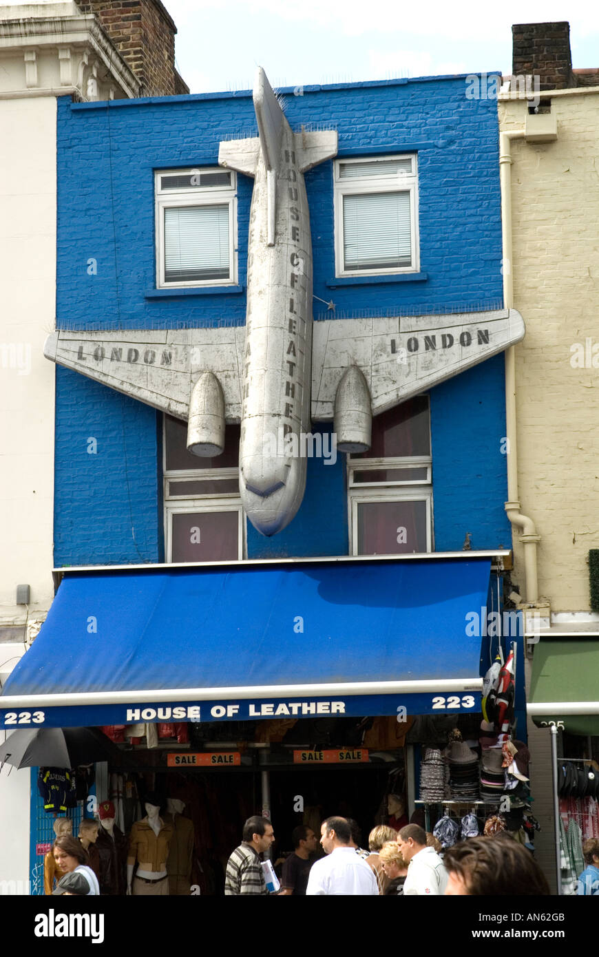 World of Leather shop with airplane on front facade Camden High Street ...