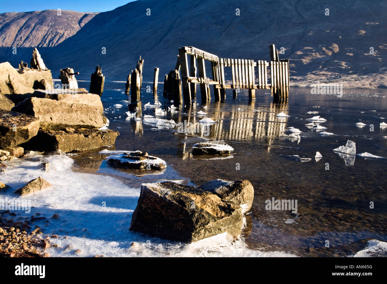 The remains of an old wooden Jetty at the head of Loch Etive Lochaber ...