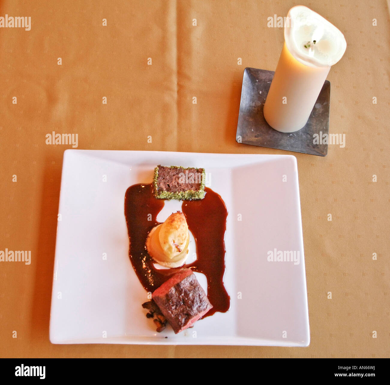 Gourmet dinner featuring rare musk ox potato and shreaded beef with ...