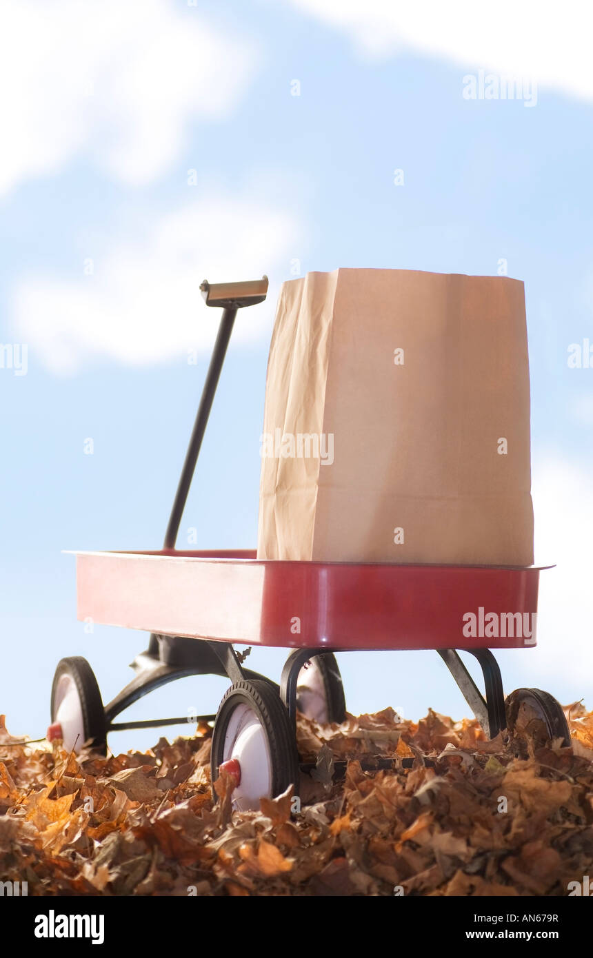Red wagon carrying a brown paper bag Stock Photo - Alamy