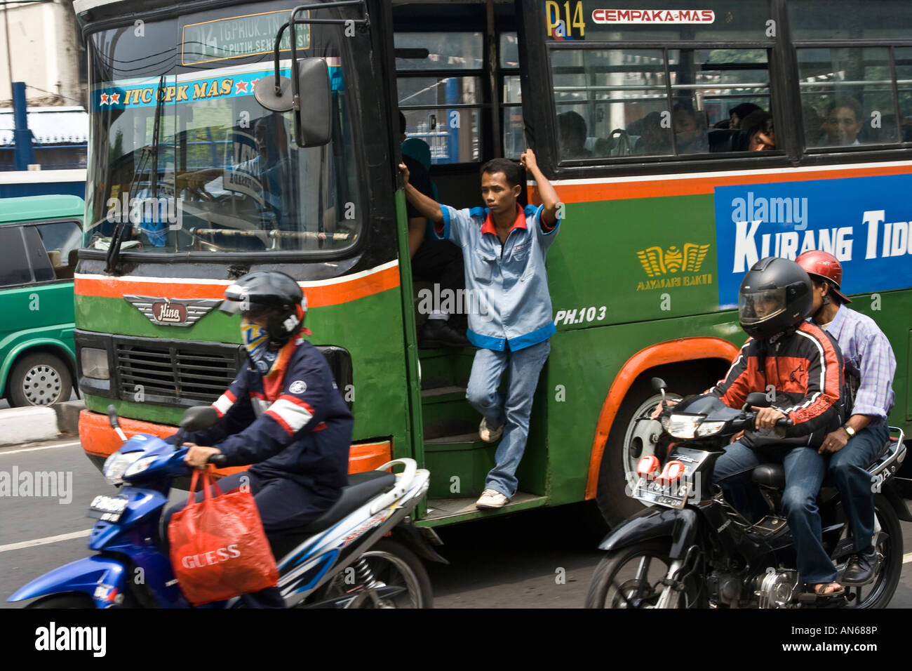 Bus Worker Hanging from Side Looking for Riders Jakarta Indonesia Stock ...