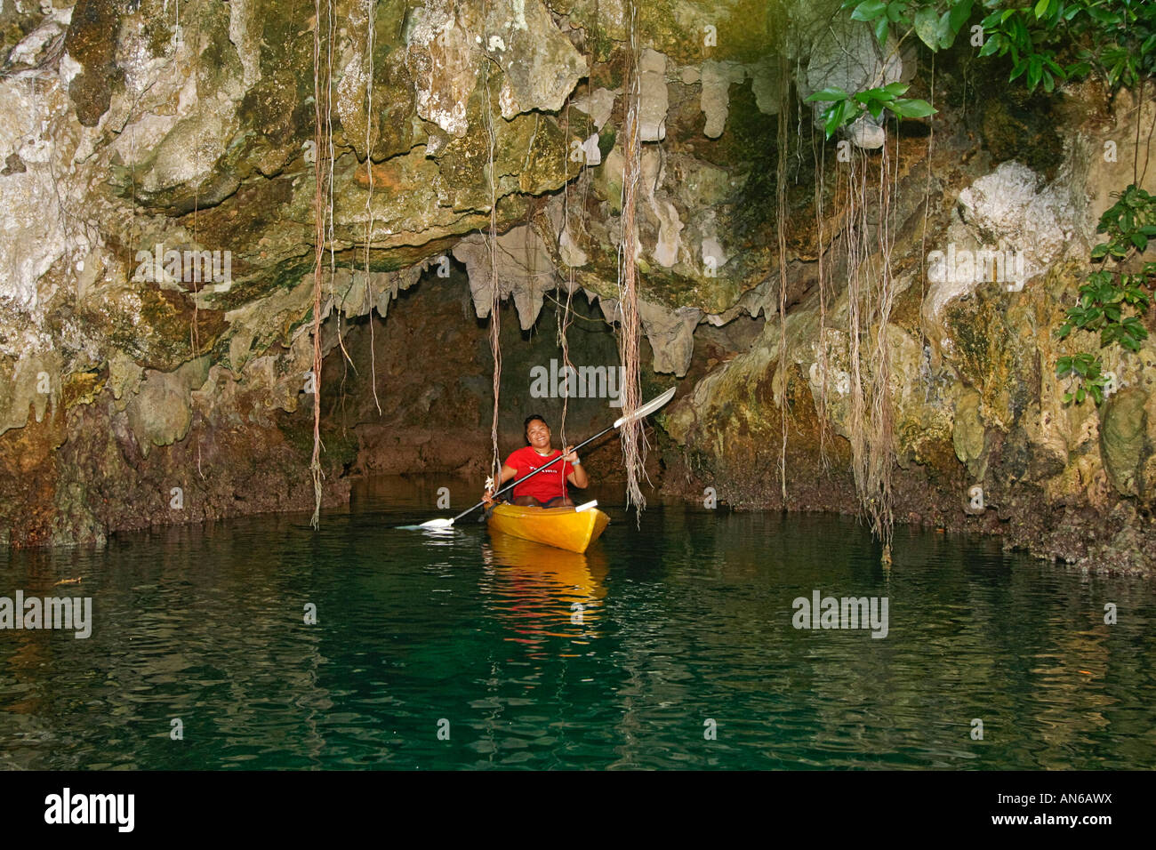 Kayaking in a shallow cave in the Rock Islands Palau Micronesia Stock ...