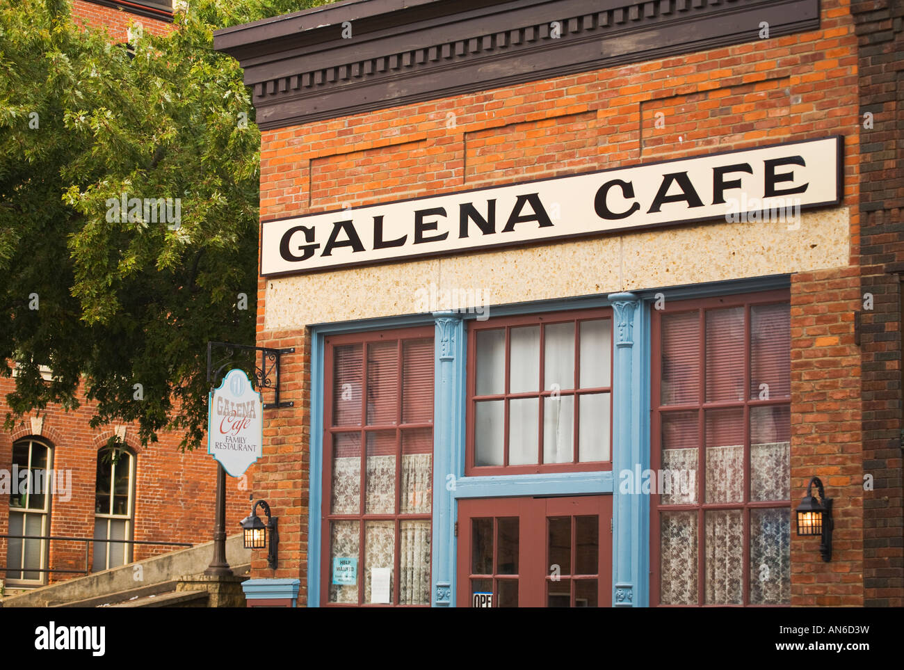 ILLINOIS Galena Sign on exterior of Galena Cafe restaurant Main Street ...