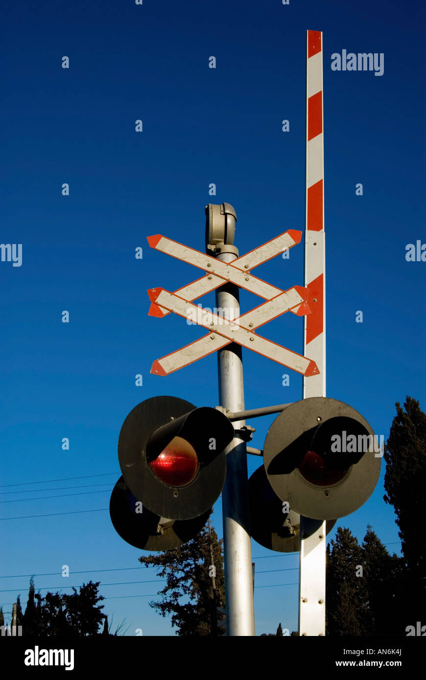 Israel Railroad crossing light sign barrier Stock Photo - Alamy