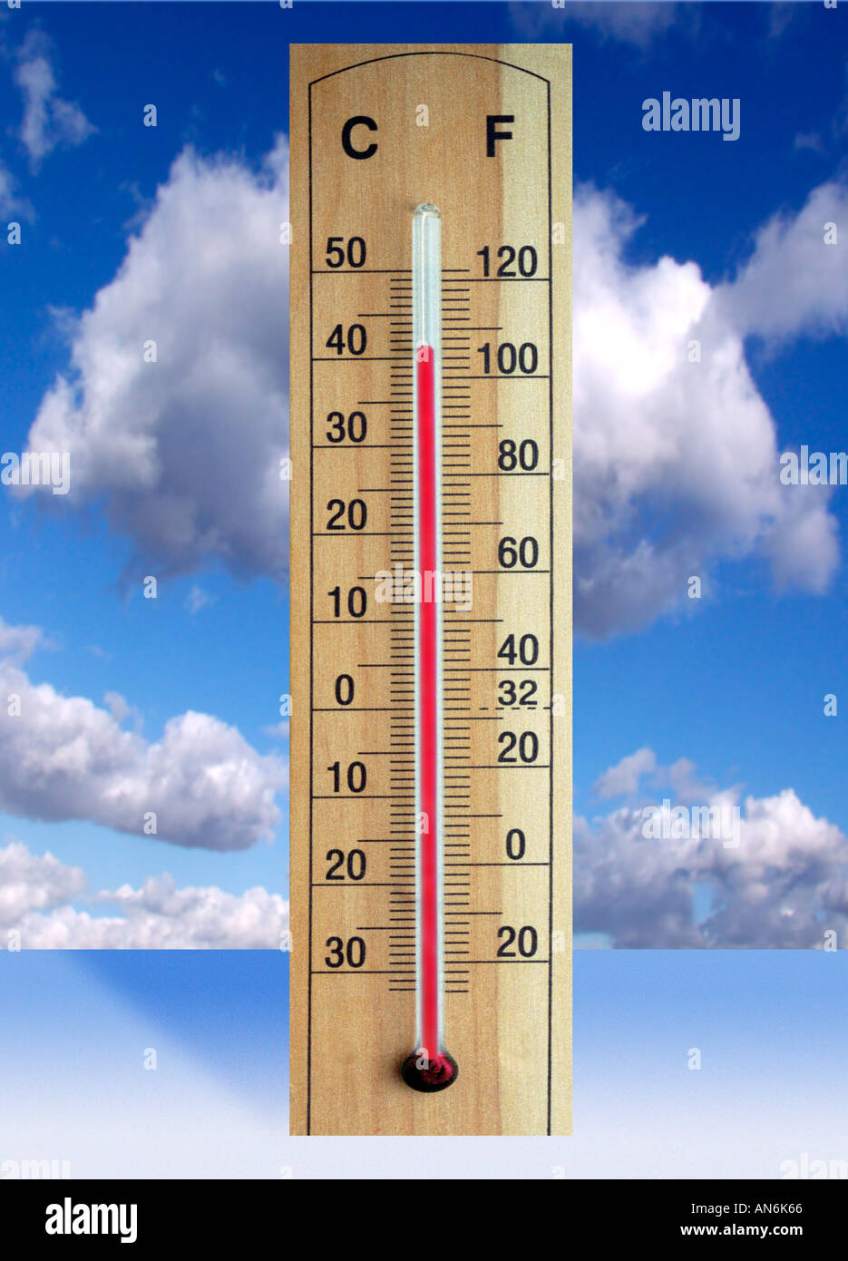 Thermometer with a high reading against a background of clouds. This ...
