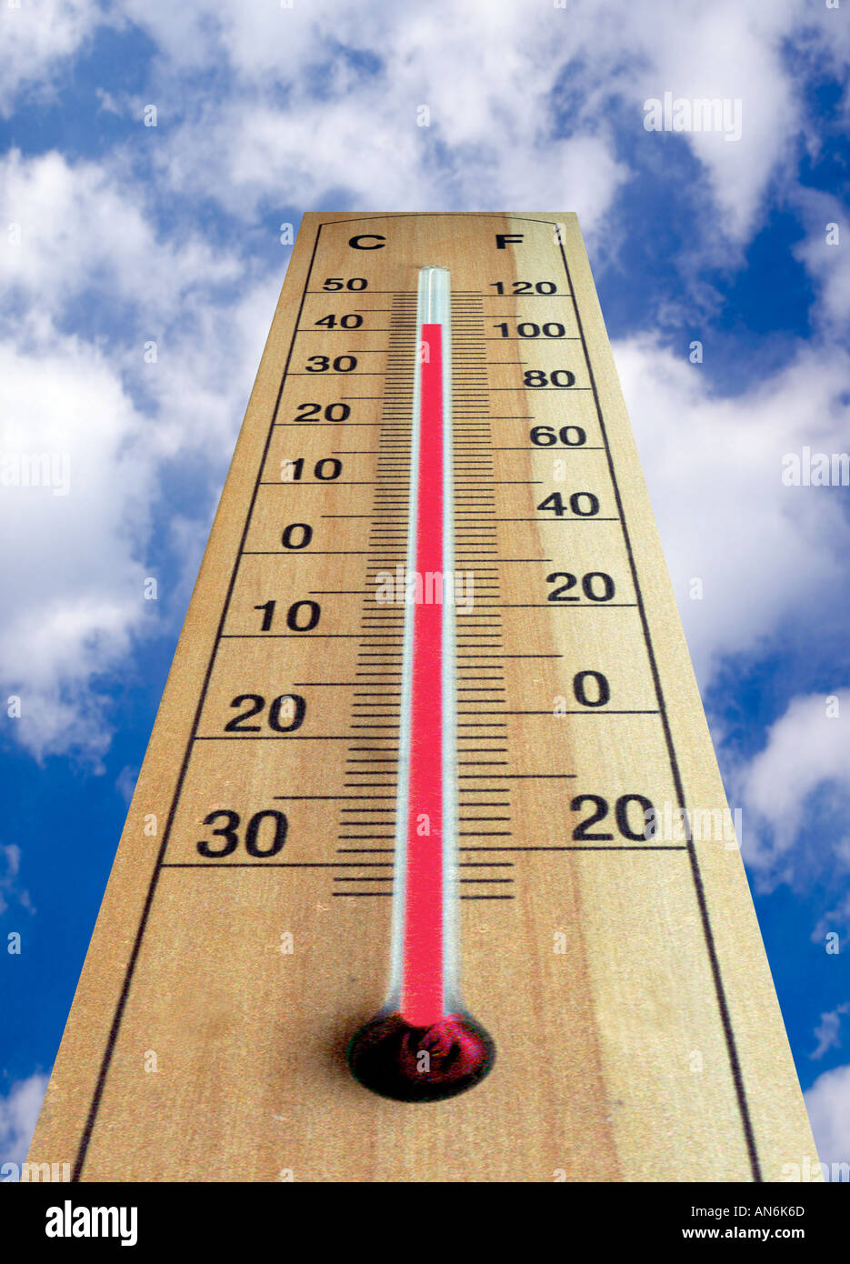 Thermometer with a high reading against a background of clouds. This ...