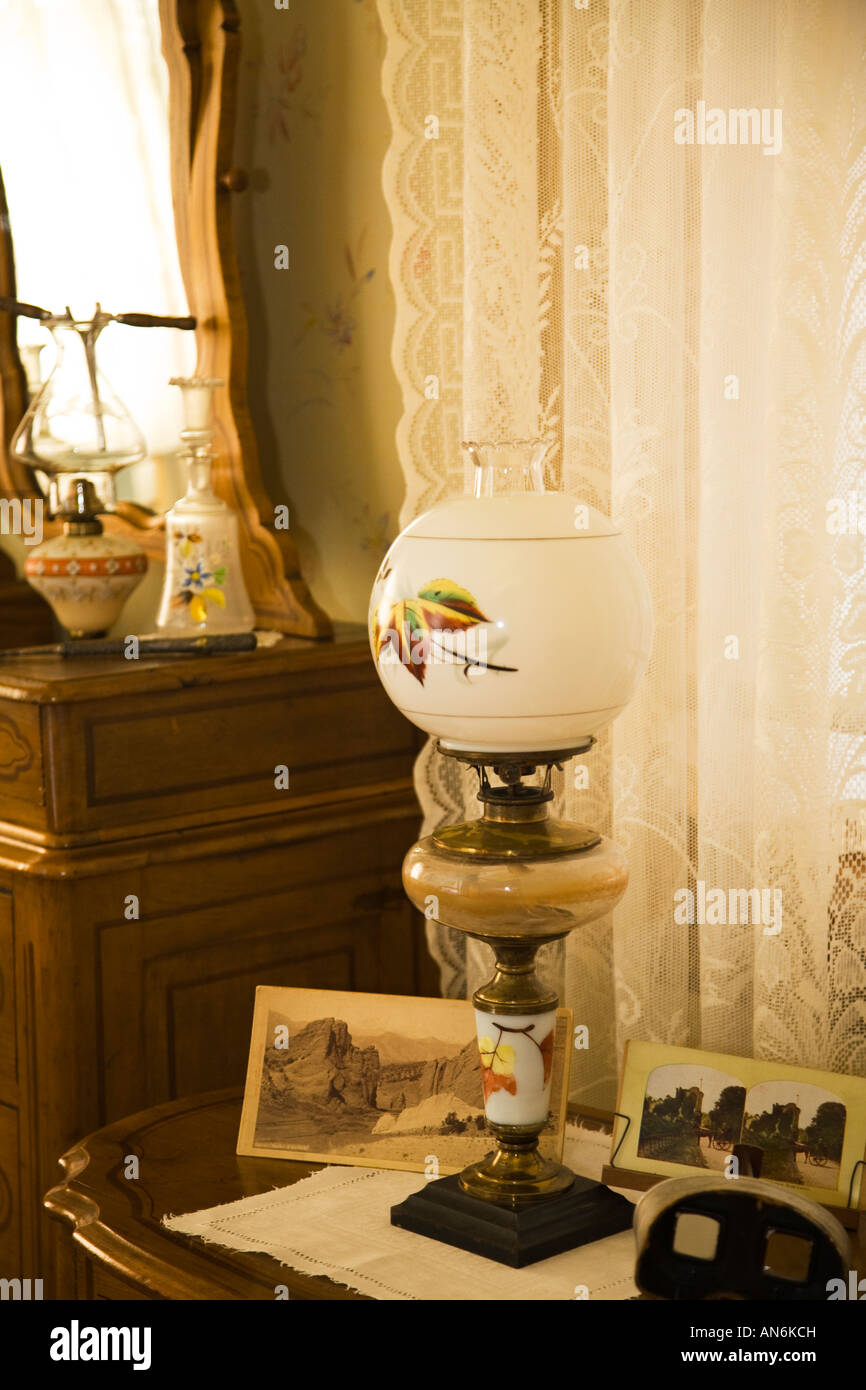 ILLINOIS Galena Lamp and photographs on table interior of home of ...