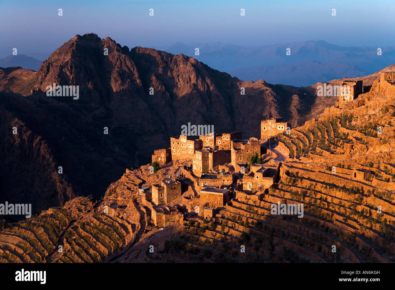The clifftop village of Shahara up in the Haraz Mountains at sunrise ...