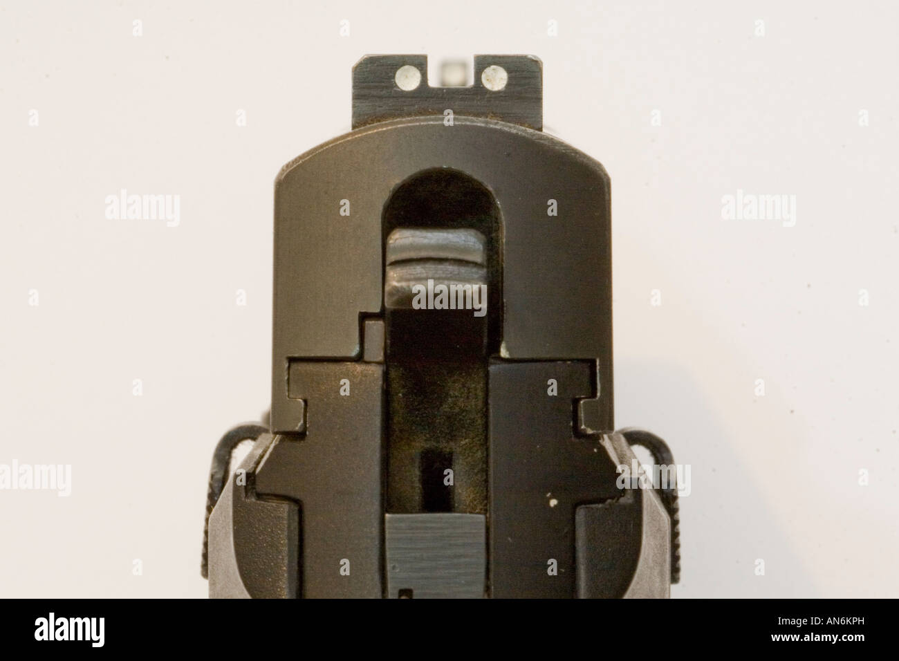 A Czech CZ 99 9mm parabelum semi automatic hand gun seen from behind ...