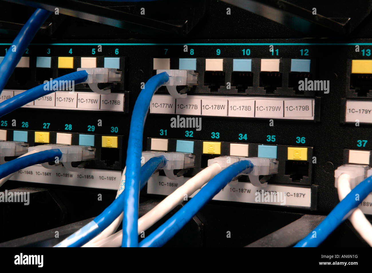 Banks of wires in a patch bay connecting servers telephones and other ...