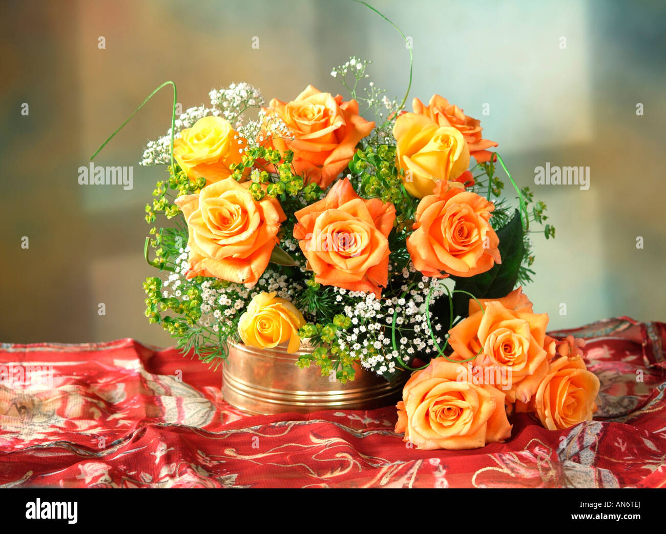 Studio arranged colorful bunch bouquet of yellow roses flowers on a ...