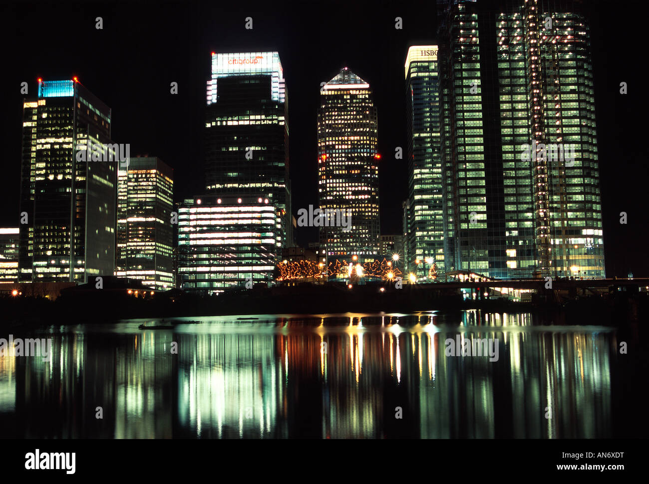 london docklands canary wharf high rise tower blocks night reflections ...