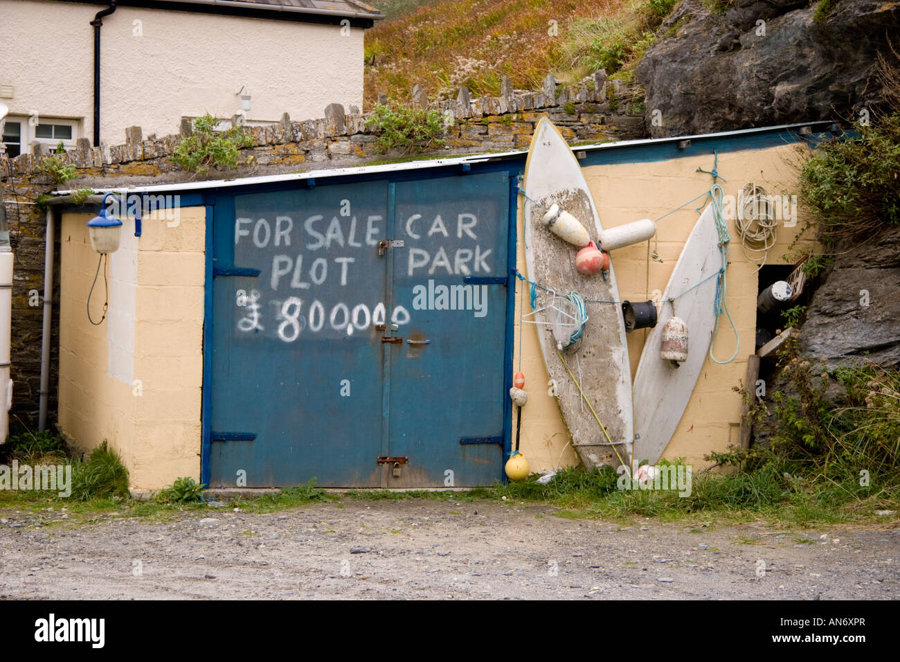For Sale sign, garage, Trebarwith Strand, Tintagel, Cornwall, England ...