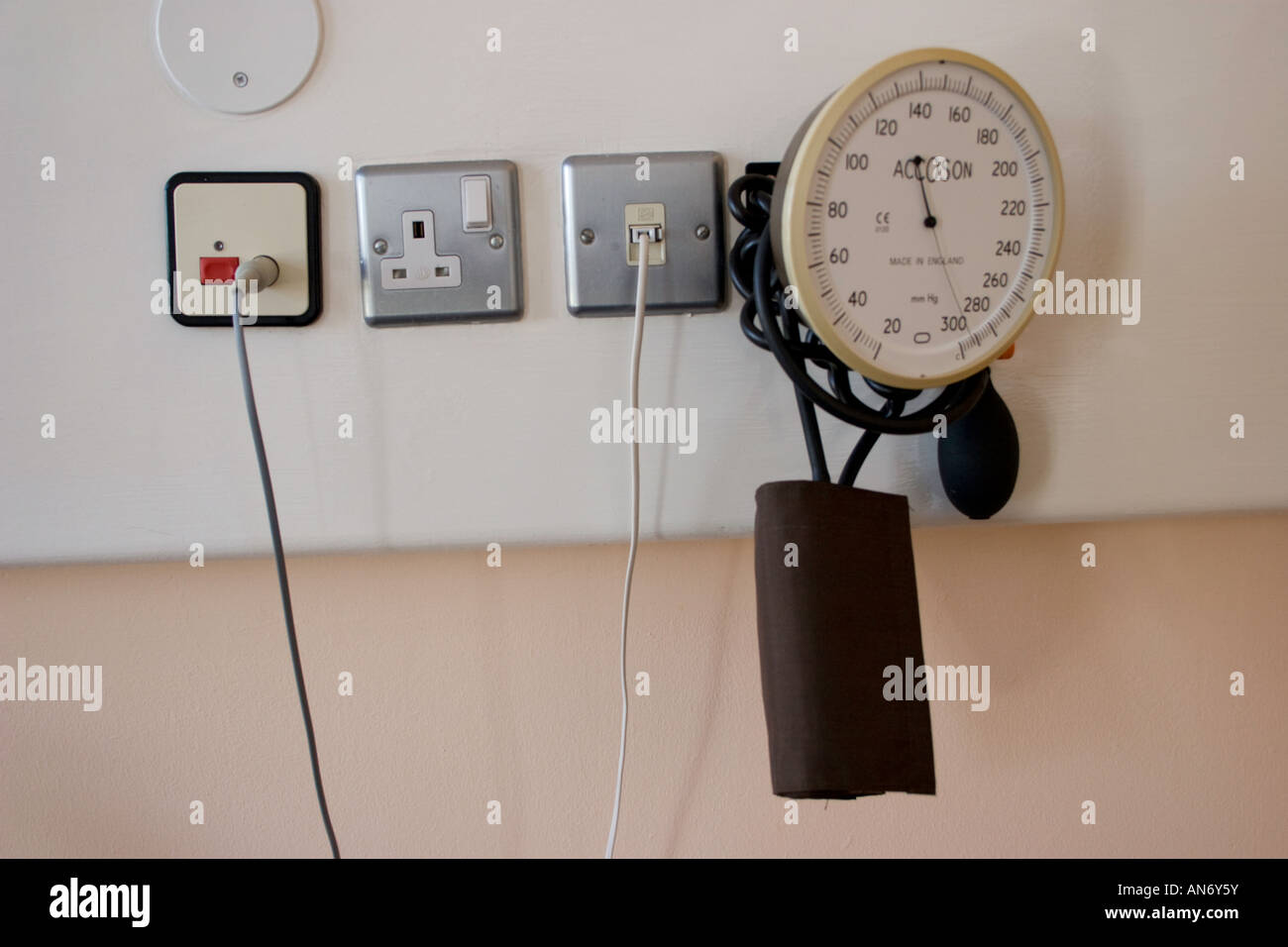 Syphigmomanometer Blood pressure machine on hospital room wall Stock ...